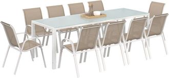 IDMarket Salon de jardin MADRID table 240 CM et 10 chaises empilables blanc et beige