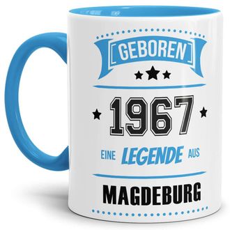 Tassendruck Geburtstags-Tasse Geboren 1967 Eine Legende aus Magdeburg Innen & Henkel Hellblau/Geschenk/mit Spruch/Mug/Cup/Becher/Qualit&auml;t Made in Germany