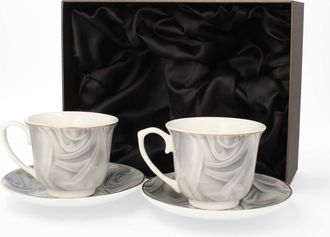 Livello Set aus 2 Porzellantassen mit Untertassen 250 ml Elegante Kaffeetassen im Geschenkset Kaffebecher Kaffe-Tasse Porzellan Pott Tee Küche Restaurant Tass