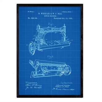 Nacnic Poster Patent N&auml;hmaschine. Blatt mit altem Design-Patent A3-Format mit blauem Hintergrund