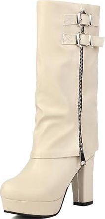 SJJH Bottes mi-longues Design unique | Bottes pour femmes par temps frais, talon 9,5 cm, fermeture &eacute;clair lat&eacute;rale, confortables, beige, 37 EU