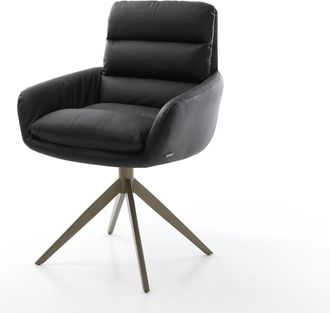 DELIFE Drehstuhl Abelia-Flex mit Armlehnen Echt-Leder Schwarz Kreuzgestell breit Effektfinish Titan 360&deg; drehbar Wippfunktion, Esszimmerst&uuml;hle
