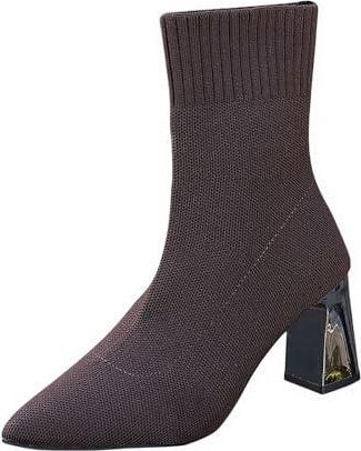 Generic Bottines Chelsea pour femme en tricot extensible, couleur unie, bout pointu, &eacute;l&eacute;gant, respirant, talon &eacute;pais, d&eacute;contract&eacute; et classique, marron, 40.5 E