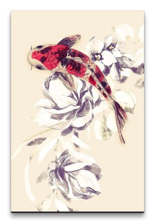 Paul Sinus Art Wandbild auf Leinwand 60x90cm Koi Fisch Zuchtkarpfen Asiatisch Wasserfarben Yin Yang Blumen