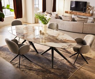 DELIFE Esstisch Edge Oval 280x130 Keramik Minas Melange Wei&szlig;-Beige Estelar rund Metall Schwarz, Esstische