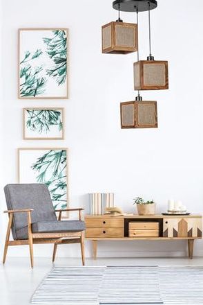 Opviq Elegant Chandelier with FIR Wood Body & Natural Fabric Cap, Adjustable Height 70 cm | Rattan & Walnut Design, E27 Socket, Perfect for Modern Spaces