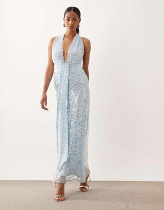 Asos Robe pliss&eacute;e longue &agrave; sequins et d&eacute;collet&eacute; plongeant avec dos nu &agrave; d&eacute;tail foulard - Bleu pastel