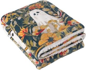 furn. Bootanical Jeté - Couverture Polaire Sherpa Motif fantôme dhalloween à Fleurs automnales (Multicolore - 130x180cm)