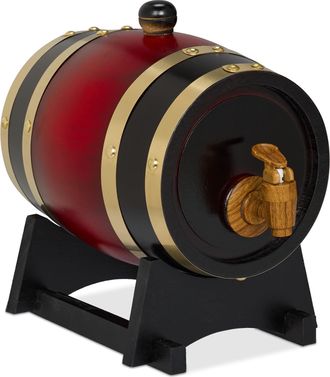 Relaxdays Whiskyfass, 1,25 l, Holz, Schnapsfass mit Bock & Zapfhahn, für Wein, Spirituosen, Deko Holzfass, rot/schwarz