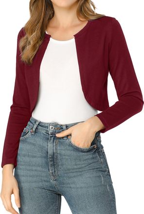 Allegra K Damen Langarm Bolero Offen Elegante Crop Jacke Arbeit Shrug Dunkelrot XS