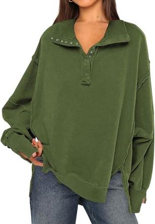 Generic Sweat-shirt surdimensionn&eacute; pour femme | Bouton-haut et bas fendu, pull &agrave; manches longues, v&ecirc;tements tendance - pour le sport, Vert, M