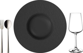 Villeroy & Boch Manufacture Geschirr-Set 12 teilig für 4 Personen Schwarz, Spülmaschinenfest, Tafelservice Set, Geschirrset Modern mit Pastatellern, Weingläsern und P