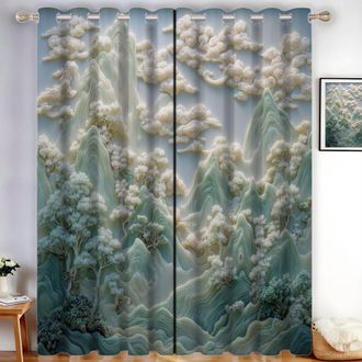 Generic Blickdichte Gardinen Bergnebel Dreidimensionaler Jade Schnitzstil Verdunkelungsvorhang, Lichtundurchl&auml;ssige Vorhang Mit &Ouml;sen F&uuml;r Schlafzimmer Ger&auml;usch