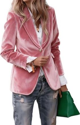ORANDESIGNE Blazer en Velours pour Femme &agrave; Manches Longues OL Bureau Affaires Jackets &Eacute;l&eacute;gant Blouson Revers avec Bouton Vintage Manteau B Rose M