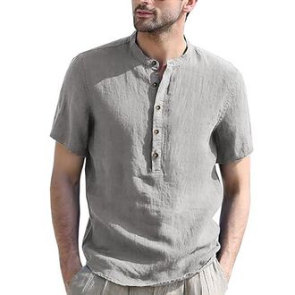 Generic Chemise d&eacute;t&eacute; blanche en lin pour homme - Hauts &agrave; manches courtes - T-shirt en coton et lin - Polo blanc pour homme - Polo long pour homme - T-shirts p