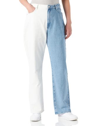 NA-KD Damen Zweifarbiger, Gerader Denim Jeans, Weiß Blau, 42