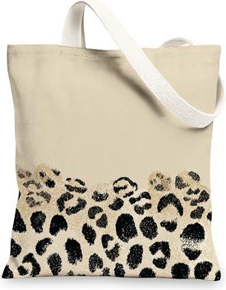 Generic Sacs fourre-tout en toile à imprimé léopard, sacs dépicerie réutilisables, chics, légers, lavables avec bandoulière, beige, 13x15 Inch