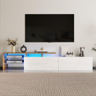 Generic TV Schrank Weiss LED Beleuchtung Glasablagen funktionaler Stauraum lowboard stehend Schubladen Ablagef&auml;cher f&uuml;r Multimedia Ger&auml;te robust verarbeitet s