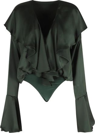 Norma Kamali Femme, Tops, Vert, Taille: 36 FR Long Sleeve Deep V Ruffle Bodysuit