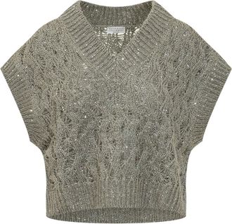 Brunello Cucinelli Femme, Pulls, Gris, Taille: 40 FR Sequin V-neck Knitted Vest