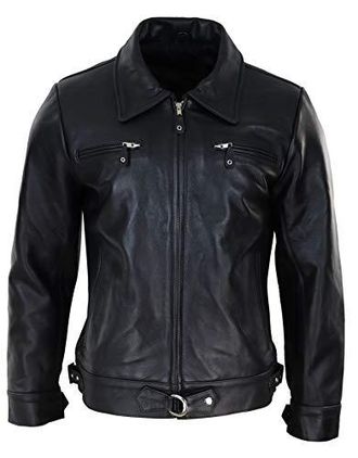 Infinity Leather Blouson Coupe carr&eacute;e pour Homme en Cuir avec Fermeture &eacute;clair Style Vintage - Noir-Marron XL