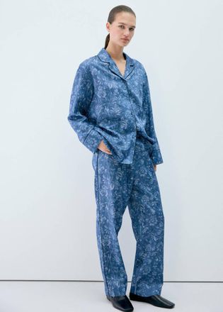 Mango Pantalon pyjama imprim&eacute; passepoil bleu marine - Femme - S - MANGO