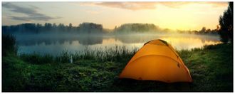 Wallario Glasbild Morgend&auml;mmerung am Seeufer - 50 x 125 cm Wandbilder Glas in Premium-Qualit&auml;t: Brillante Farben, freischwebende Optik