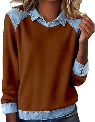 Generic Pull Femme Col Manches Longues Tops Denim Patchwork Sweatshirt Femme Sans Capuche Casual Mode T-shirt &agrave; Manches Longues Chemisier Contraste Femme Pull