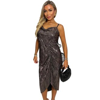 AX PARIS Midikleid f&uuml;r Damen, Wasserfallausschnitt, Plissee (Bronze)
