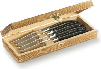 GEFU Steakmesser-Set Basco, 4 St&uuml;ck in Edler Kiefernholz-Box, mit Ergonomischem Holzgriff, Steakbesteck, Besteck-Set, Scharf Geschliffene Klingen, Hochwert