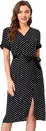 Allegra K Robe ceinturée Fendue à col en V et à Pois pour Femmes Noir XS