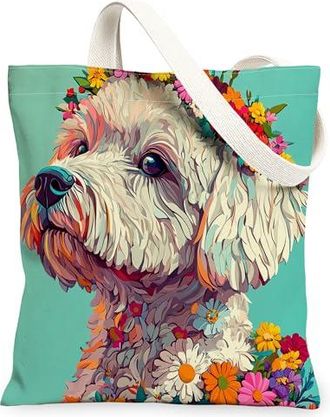Generic Sac fourre-tout en toile motif chien maltais printanier 33 x 38,1 cm, sac d&eacute;picerie r&eacute;utilisable pour femme, motif animal de compagnie, d&eacute;coration cad