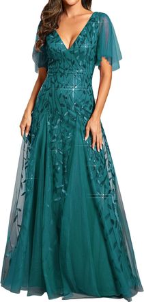 Ever-pretty Damen A-Linie Abendkleider V-Ausschnitt Romantisches Kurze Ärmel Elegant Partykleid Lang Blaugrün 56