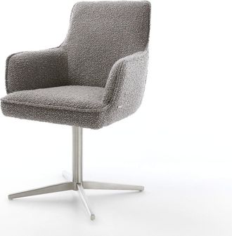DELIFE Drehstuhl Heira-Flex mit Armlehnen Bouclé Silbergrau Fußkreuz Edelstahl 360° drehbar Taschenfederkern, Esszimmerstühle