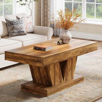 Tribesigns Tribesigns Table basse rectangulaire, Brun rustique, 120 x 60 x 51 cm, bois Mid-Century avec pied sculptural, meuble de salon de style champ&ecirc;tre
