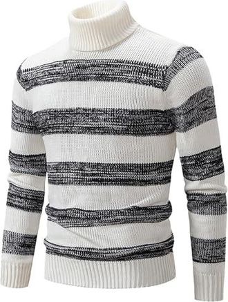 Generic Pull rayé à col roulé pour homme - Coupe ajustée - Col roulé - Col montant - Bloc de couleurs - Patchwork - Tricot - Coton doux - Automne Hiver - Déco