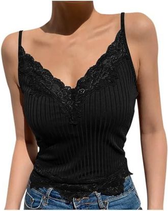 Generic D&eacute;bardeur pour femme - D&eacute;bardeur &agrave; bretelles spaghetti - Avec bordure en dentelle - Avec soutien-gorge int&eacute;gr&eacute; - D&eacute;bardeurs d&eacute;t&eacute; - Col en V - T-shirt 