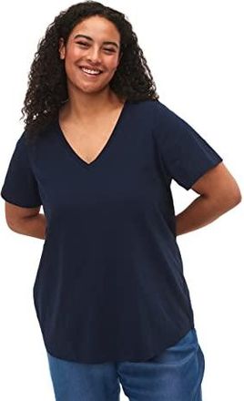 Zizzi T-shirt en coton à col en V pour femme - Grandes tailles, Blazer bleu marine., 48-50 grande taille