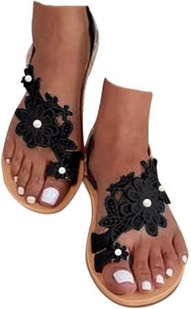 Generic Sandales plates avec strass pour femme, style boh&egrave;me 2026, avec fleur et perles, sangle de cheville, anneau dorteil, tendance, d&eacute;contract&eacute;, confortabl