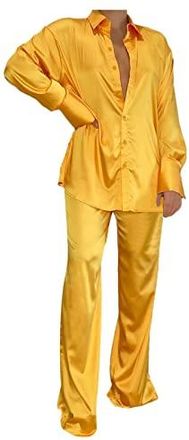 Generic 2026 Femme Ensemble 2 Pi&egrave;ces Costume Satin Bouton Manches Longues Chemisier Blouse + Pantalon Ensemble de Pyjama Jogging Yoga Outfits