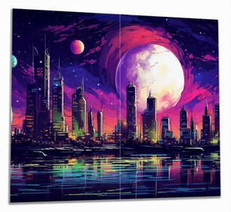 Wallario Herdabdeckplatte/Spritzschutz aus Glas, 2-teilig, 60x52cm mit 13mm hohen Füßen, für Ceran- und Induktionsherde, Zukunft unter fremden Himmeln