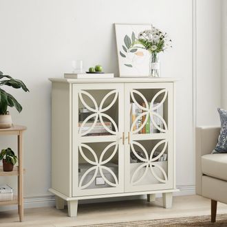Generic LZPUOUI Sideboard K&uuml;che Mit Glast&uuml;r Stauraum Regale Freistehend Mit Tischplatte Massivholz Beine Kippschutz Anrichte F&uuml;r Wohnzimmer Esszimmer K&uuml;che Al