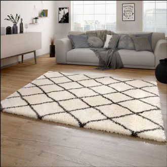 Paco Home Paco Home - Tapis Shaggy Tapis De Salon Shaggy Poil Long Motif Diamant Scandinave Moderne 120x160 cm, Crème 2