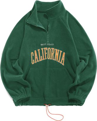 Zaful Viertel Zip Flauschig Polar Vlies Fleece Sweatshirt Herren Vintage Brief Stickerei Langarm Raglan&auml;rmel f&uuml;r Herbst Winter (2-Dunkelgr&uuml;n,2XL)
