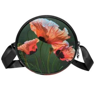 Generic Petit sac &agrave; bandouli&egrave;re rond pour femme, motif coquelicot rouge, avec fermeture &eacute;clair, bretelles r&eacute;glables, sac &agrave; main rond d&eacute;contract&eacute; pour femmes e