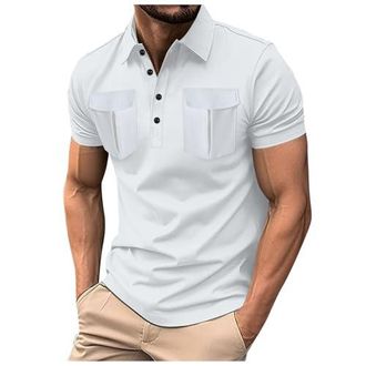 Generic Polo d&eacute;t&eacute; pour homme - Avec bouton et revers - Double poche - Couleur unie - Manches courtes - D&eacute;contract&eacute;, Blanc., 3XL