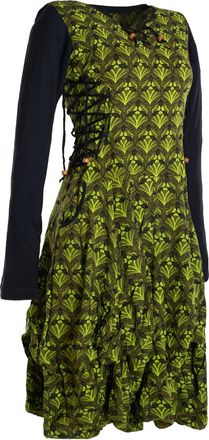 vishes Alternative Bekleidung - Langarm Damen Jersey-Kleid Blumenkleid Schn&uuml;rung V-Ausschnitt Olive 36-38