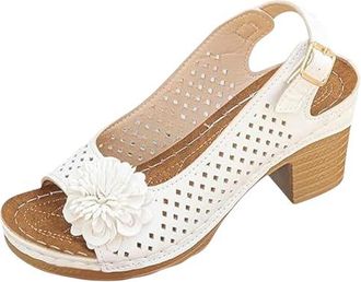 Generic Sandales habill&eacute;es &agrave; talon carr&eacute; avec boucle pour femme, chaussures compens&eacute;es, bride arri&egrave;re basse, bout ouvert, talons &eacute;pais pour le quotidien, blan