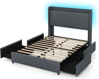 Costway Lit 140x200, &Eacute;clairage LED et Multiprise USB-C &USB-A, 4 Grands Tiroirs, 2 Poches de Rangement, avec Sommier &agrave; Latte, T&ecirc;te de Lit Rembourr&eacute;e