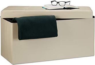 Relaxdays Faltbare Sitzbank 38 x 76 x 38 cm HxBxT, 2-Sitzer m. Stauraum, Kunstleder Sitzhocker 300 kg belastbar, creme